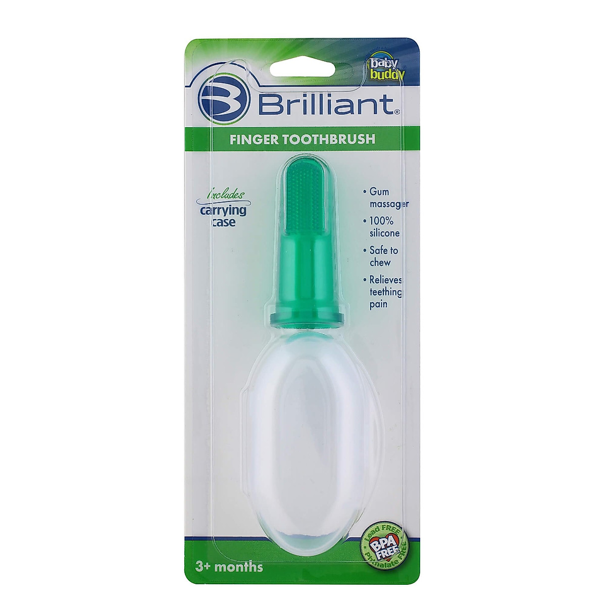 Brilliant Baby Finger Toothbrush with Case, Silicone Gum Massager and Teether Brush for Babies and Toddlers Age 3 Months Old and Up, Newborn Oral Hygiene Essentials, Teethers and Toothbrushes, Green