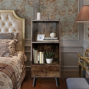 LAVIEVERT 3-Tier End Side Table Nightstand with Drawer, Bookcase Bed Side Table Storage Cabinet for Bedroom, Living Room Home & Office - Rustic Brown