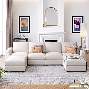 Eafurn Convertible Modular Sectional Double Extra Wide Chaise, 130.7" U Shaped Corner Movable Ottoman,6 Seater Oversized Upholstery Sofa & Couches Living Room Furniture, Beige
