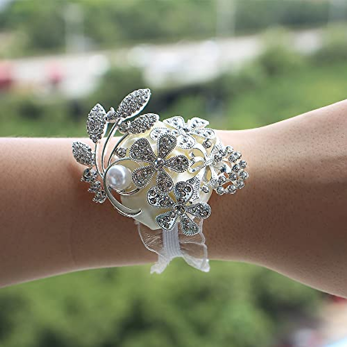 WANLIAN Wrist Corsage Peal Diamond Boutonniere for Bride Bridesmaid Prom Wedding Ceremony Anniversary 1 Pieces (Ivory)