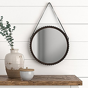 Amazon Brand – Stone & Beam Rustic Farmhouse Round Wood Iron Mirror with Faux Leather Strap - 22 Inch, Black Metal