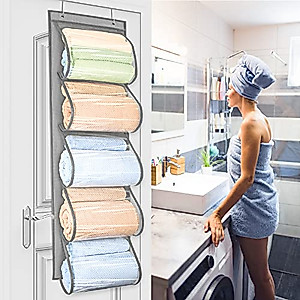 Towel Storage with 5 Pockets, Bath Towel Organizer for Rolled Towels Large Capacity Over The Door Towel Rack Bathroom Towel Holder Space Saving for Large Towels/Bathrobe/Thin Blanket, RV-Grey
