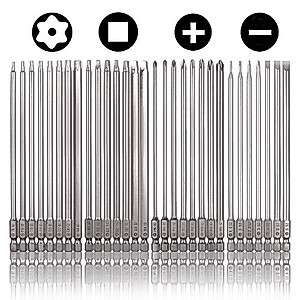 Rocaris 30 Pack 1/4 Inch Hex Shank Long Magnetic Screwdriver Bits Set 6 Inch Power Tools(Slotted+Cross+Square +Torx)