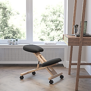 EMMA + OLIVER Mobile Wooden Ergonomic Kneeling Office Chair in Black Fabric