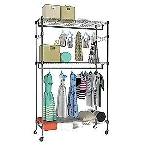 Kemanner Heavy Duty Rolling Garment Rack 3-Tiers Wire Shelving W/Double Rods & Lockable Wheels & 1 Pair Side Hooks - Hold Up to 400Lbs (Black, 2Rod 2Hook)