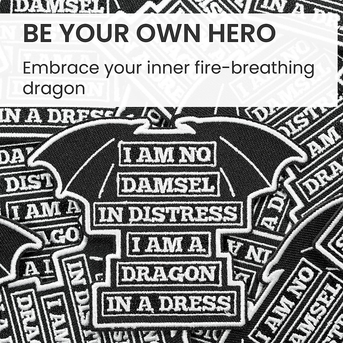 Moonmoli Embroidered Patches for Jackets, Feminist Design, I Am No Damsel In Distress I Am A Dragon In A Dress - Sew On or Iron On Patch for Clothes, Jeans, Pants, Denim, Bag, Hat - Punk Style, Black