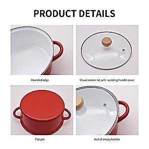 Enamel Saucepan with Glass Lids, 4 Quart Multipurpose Stockpot with Lid, Sauce Pot, Cooking Pot with Double Handles, Stew Pot, Simmering Pot, Soup Pot (4 QT, Red)