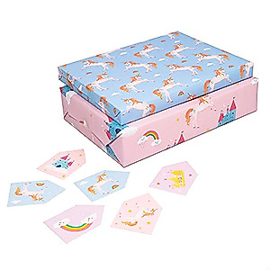 CENTRAL 23 Wrapping Paper (x6) Sheets - Unicorns Rainbows Princess - Pink Blue - Gift Wrap Sheets for Girls Her Women - Birthday or Valentines Day - New Baby - Recyclable - Comes with Stickers