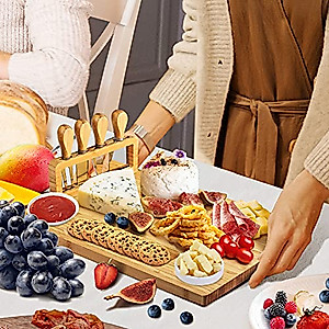 Xergur Bamboo Cheese Board Set - Charcuterie Boards and Serving Meat Platter, Cheese Tray with 4 Stainless Steel Cheese Knives Cutting Board Platter, Ideal for Halloween, Wedding, Christmas Gifts