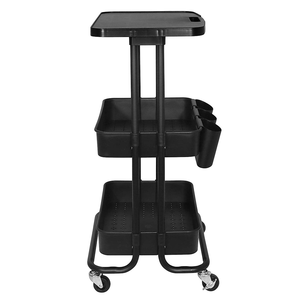 3 Tier Rolling Cart Table Top, Rolling Metal Organization Cart with 3 Cups & 3 Hooks, Multifunctional Storage Shelves with Wheels for Kitchen Living Room Office,Black