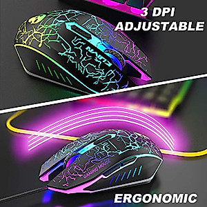 5 in 1 Wired Gaming Keyboard Mouse Headphone and Speaker Combo with Multi RGB Backlight Ergonomic 104 Key Adjustable Mic 2400DPI Mice Large Mousepad Waterproof for PC Mac Gamer Office Typist(Black)