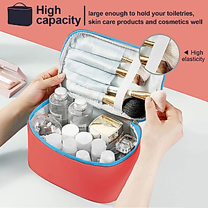 Makeup Bag Portable Travel Cosmetic Bag for Women, Beauty Zipper Makeup Organizer PU Leather Washable Waterproof (Red)