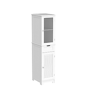 Kazila Bathroom Storage Floor Cabinet, Freestanding Wooden Storage Organizer with Glass Shutter Doors, 16 inchl x 12 inchw x 67 inchh, Ivory White