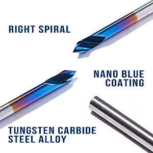 3pcs 20/30/60 Deg 0.1mm 2-Flute Spiral Engraving V-Bit Set for Wood Carving Milling, 1/8” Shank CNC Router Bits, Nano Blue Coating Carving Bit for Wood MDF Lettering Sign Making