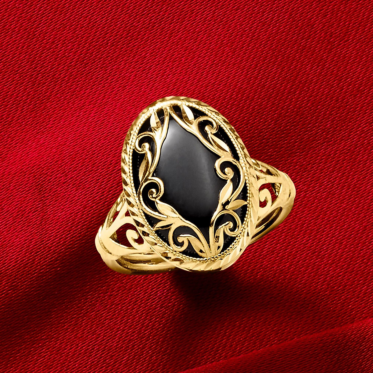 Ross-Simons Black Onyx Scrollwork Ring in 14kt Yellow Gold. Size 8
