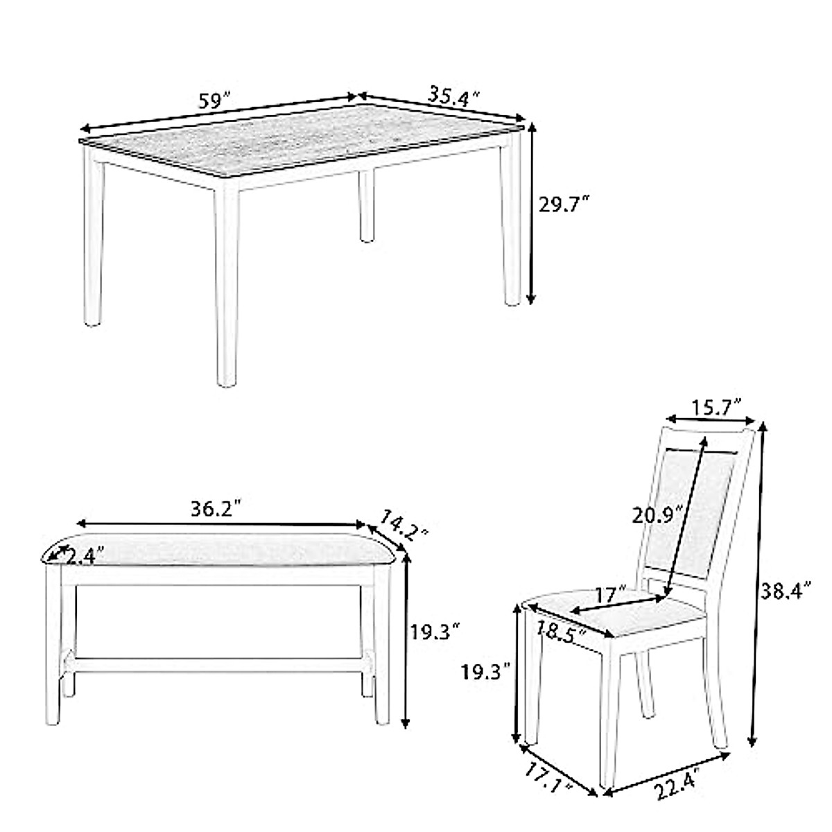 LUMISOL Rustic Solid Wood Dining Room Table Set for 6 Persons Farmhouse 6 Piece Kitchen Dining Table Set with 4 Chairs and 1 Bench Rectangular Dining Set for Living Room