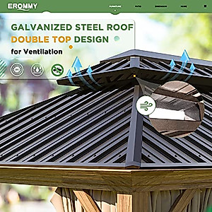 EROMMY 12' x 20' Gazebo, Wooden Finish Coated Aluminum Frame Canopy with Double Galvanized Steel Hardtop Roof, Outdoor Permanent Metal Pavilion with Curtains and Nettings for Patio, Backyard and Deck