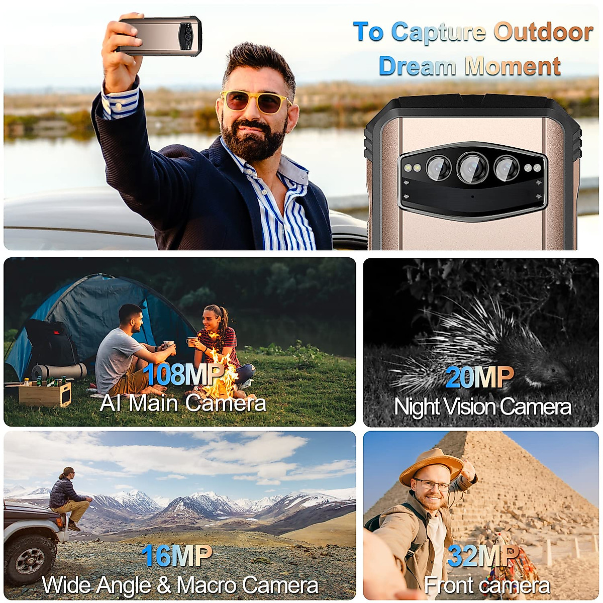 DOOGEE V30T 5G Unlocked Smartphone, 6.58-Inch FHD+ 120Hz Display, 108MP Flagship Camera, 20GB RAM, 256GB Storage, 10800mAh Battery, Rugged Gold