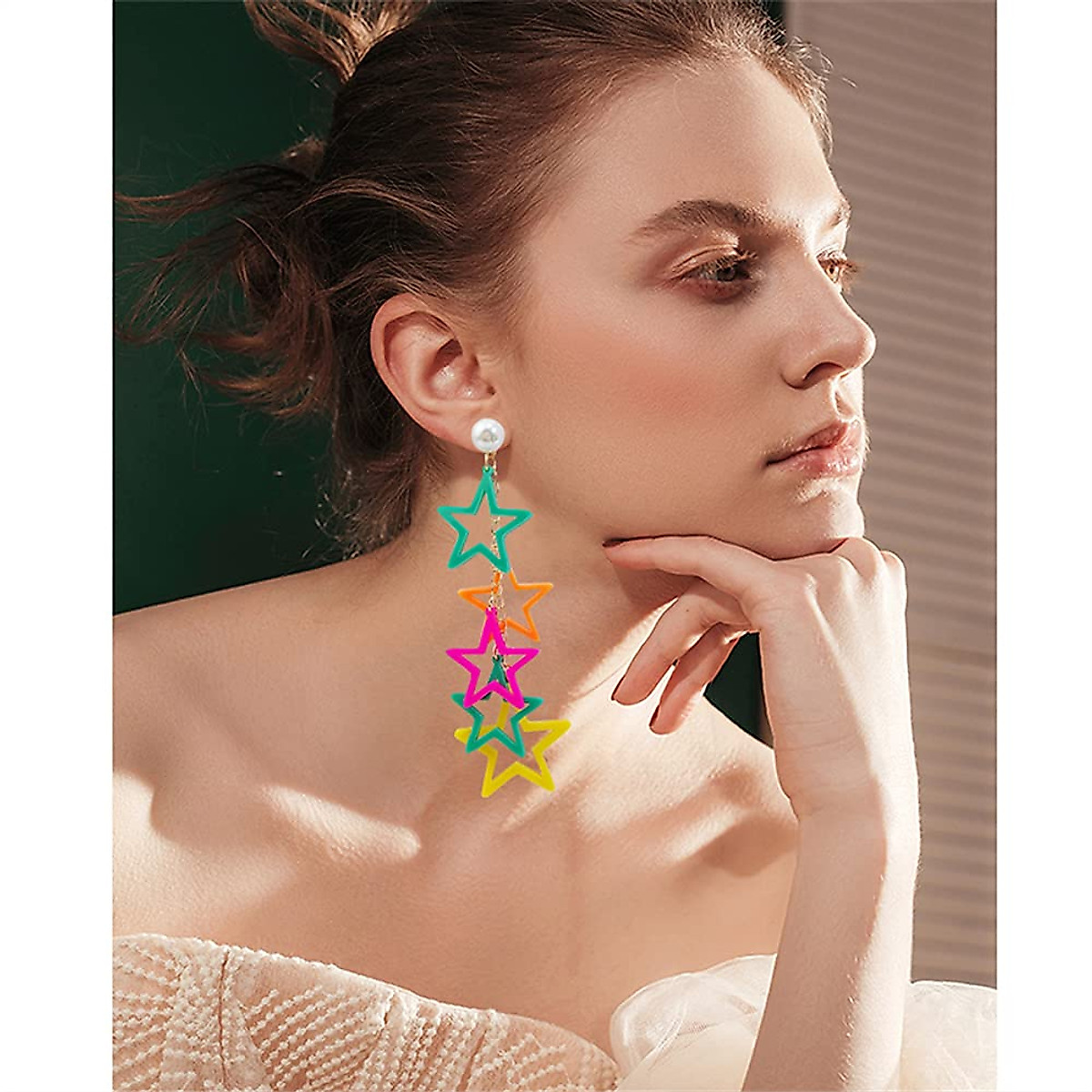 CHUNYANAN Boho Charm Hollow Colorful Acrylic Five-pointed Star Exaggerated Dangle Drop Earrings Color Five Stars With Pearl Drop Earrings Sparkly Chic Jewelry Gift (Colorful Acrylic Five-pointed Star)