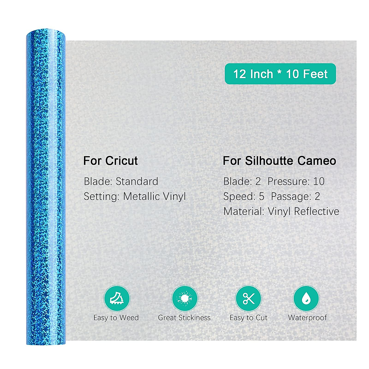 Permanent Vinyl Rolls, Adhesive Vinyl for Cricut - 12" x 14 FT White Vinyl Roll for Cricut, Silhouette, Cameo Cutters, Signs, Scrapbooking, Craft (Glitter Blue, 12" x 10FT Holographic Sparkle)