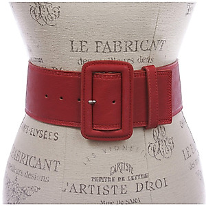 Women's 3" Wide High Waist Fashion Stitch Rectangular Leather Belt, Red | M/L - 36"