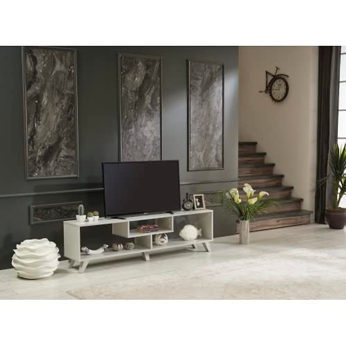 FUYUNSHENG Parma Mid Century Modern Tv Stand Open Shelving Entertainment Centre 67 inch Tv Unit, Walnut (Grey)
