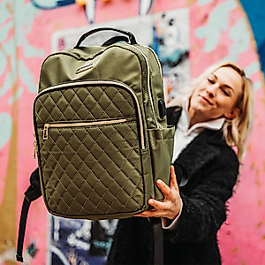 Modoker 15.6 Inch Laptop Backpack for Women, Quilted Work Backpack for Women Bookbag Teacher Backpack, Travel Backpack with USB Charging Port, Backpack Purse for Women Nurse, Green