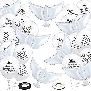 50 PCS White Memorial Balloons Set with 40 PCS White Memorial Balloons 8 PCS Peace Dove Balloons 2 Rolls of Ribbons Funeral Remembrance Balloons for Condolence Funeral Anniversary Memorial Services