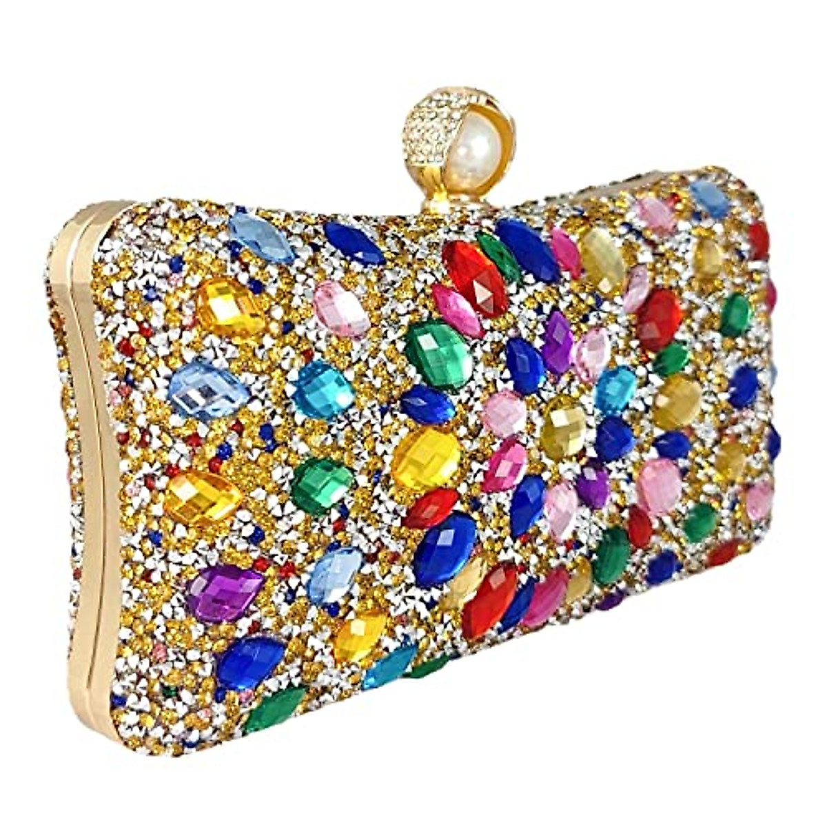 Boutique De FGG Pearl Clasp Colorful Gold Crystal Clutch Purses for Women's Evening Handbags Wedding Party Rhinestone Bag
