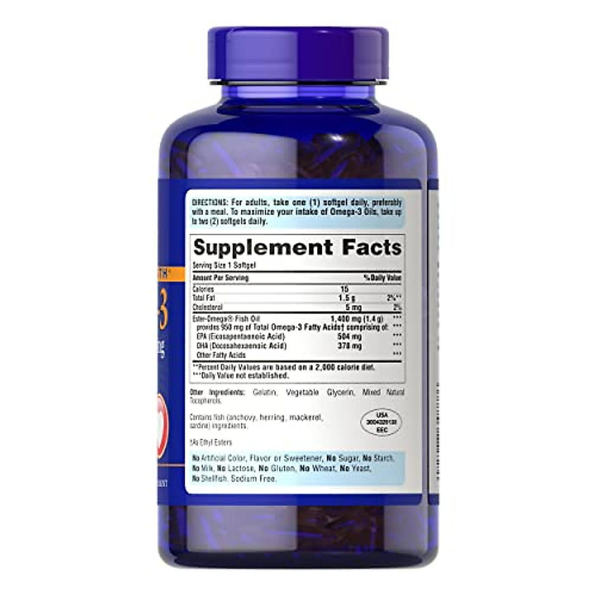 Puritans Pride Triple Strength Omega-3 Fish Oil 1360 Mg (950 Mg Active Omega-3), 240 Count, Package may vary