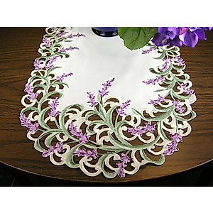 BANBERRY DESIGNS Embroidered Table Runner with Lavender Lilac Flowers on Cream, Approx. 14 by 34 Inch, Machine Washable