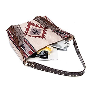 Canvas Tote Bags for Women Handbag Tote Purse with Zipper Ladies Ethnic Travel Tassel Hobo and Shoulder Handbags (PG09-Beige)