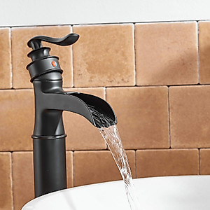 BWE Vessel Sink Faucet Waterfall Matte Black with Pop Up Drain Without Overflow and Supply Lines Bathroom faucets for Sink 1 Hole One Handle Faucets Vanity Bath Mixer Tap