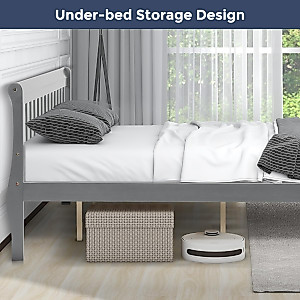 IULULU Queen Bed Frame, Solid Wood Platform Bed Frame with Headboard & Footboard, Queen Size Mattress Foundation with Wooden Slats Support, Easy Assembly, No Box Spring Needed, Light Grey