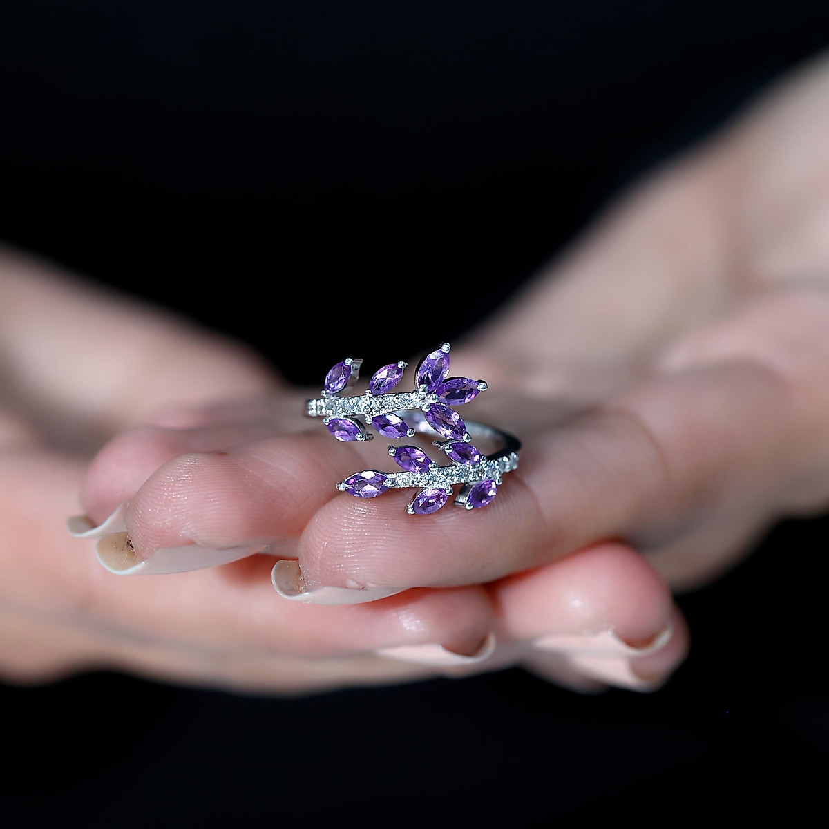 Rosec Jewels 2 CT Real Amethyst and Diamond Leaf Wrap Ring for Women | AAA Quality, 14K White Gold, Size:US 6.50