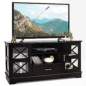 Tangkula Wood TV Stand with 2 Glass Door Cabinets, Media Console with Drawer & 2-Tier Adjustable Shelves, Living Room Entertainment Center for TVs up to 55 Inch, TV Console Table, Dark Brown
