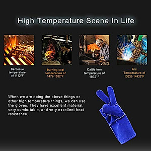 DEKO Welding Gloves 14 inch Leather Forge Heat Resistant Blue Welding Glove for Mig, Tig Welder, Furnace, Fireplace and More (Blue),Camping, Stove, BBQ