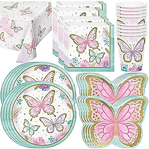 Creative Converting Butterfly Shimmer Dinnerware | Table Cover, Dinner Plates, Butterfly Shape Plates, Napkins, Cups | Girl Birthday Parties, Princess Fairy Garden, Showers & Teas