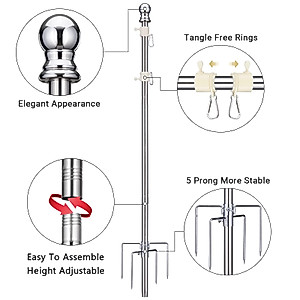 Ground Flag Poles for Outside House - 1" Tangle Free Flag Pole for House with 5 Prong - 9ft Yard Flag Stand for Outdoor,Wind Resistant & Rustproof - Silver