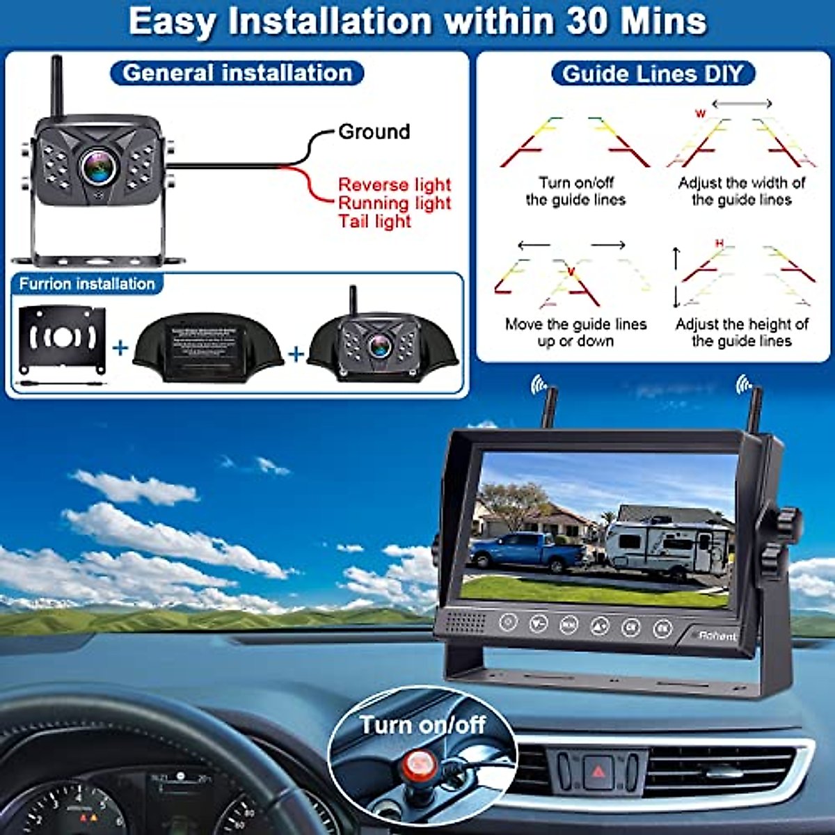 Rohent RV Backup Camera Wireless HD1080P 2 Cameras with 7 Inch Touch Key DVR Monitor Stable Digital Signals Rear View Camera System IP69K Waterproof Pigtail Wire Adapter for Furrion Pre-Wired RVs R8