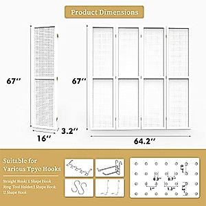 DURASPACE 4 Panel Room Divider 5.6 FT Pegboard Display Folding Wood Privacy Screen Pegboard Stand Organizer for Jewelry, Craft, Cloth, Art Display (White)
