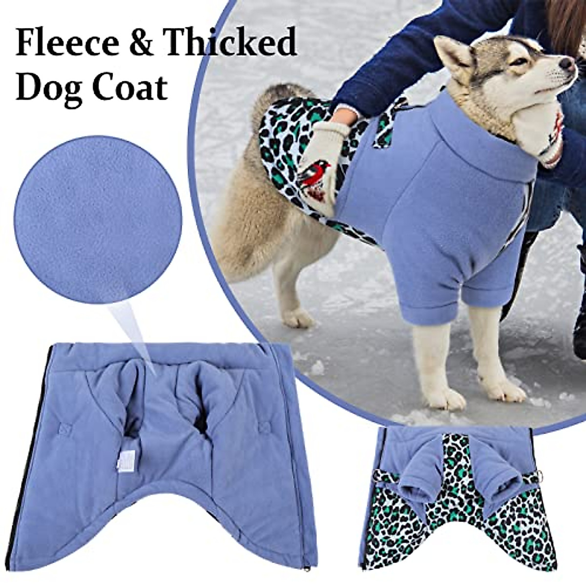 SAWMONG Fleece Dog Winter Coat, Leopard Waterproof Dog Jacket, Warm Thicked Dog Coat with Harness, Dog Vest Cold Weather Clothes Pet Apparel for Small Medium Large Dogs,Blue M