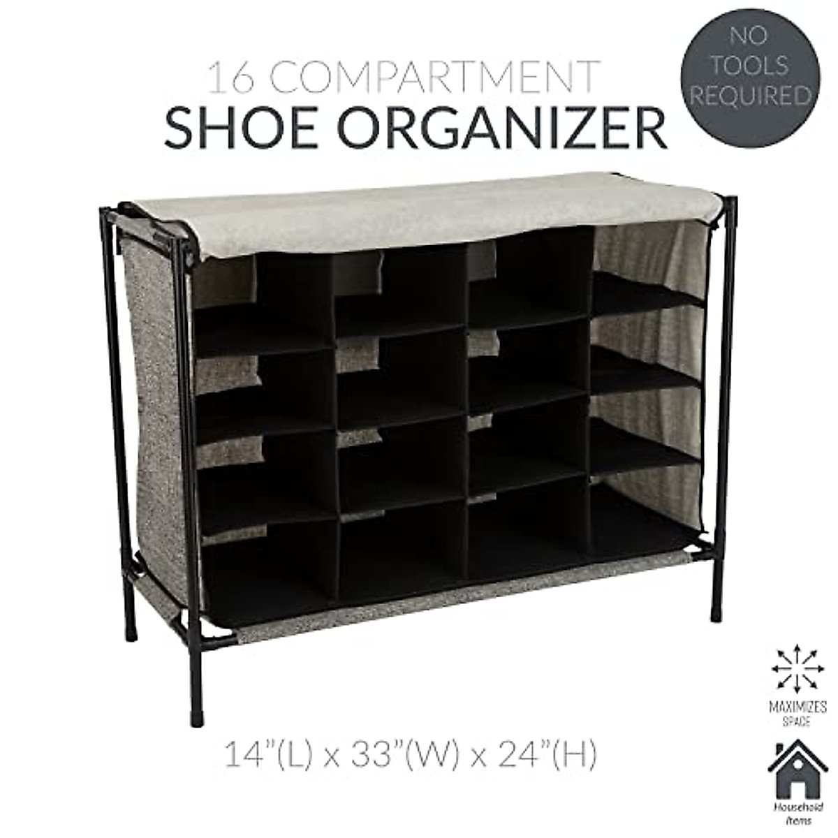 Simplify 16 Pair Shoe Rack with Cover | Dimensions: 14" x 33" x 24" | 16 Compartments | Stackable | Cover | Multipurpose | Easy to Assemble | Black