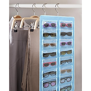 Khikily Hanging Jewelry Organizer, Dust Proof Eyeglasses Holder with 32 Clear Slots, Sunglasses Organizer Storage Wall Mounted, Sunglasses Display With 360-Degree Rotating Hook (Blue)