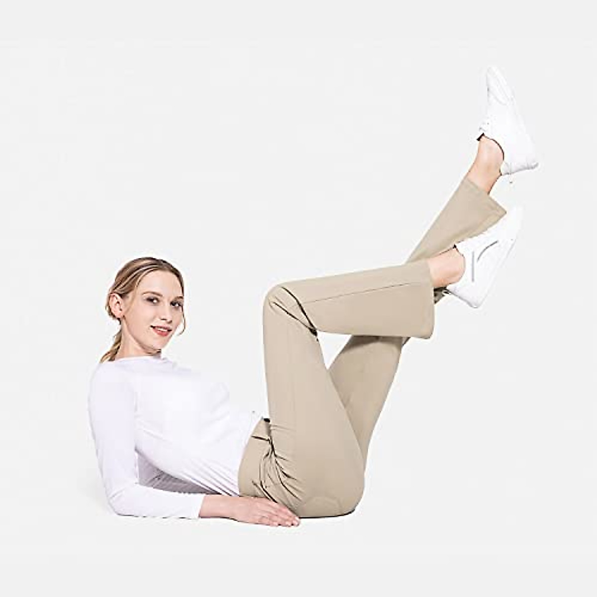BALEAF Womens Yoga Dress Pants, Bootcut Stretchy Work Slacks Business Casual Pull on Office Trousers with Pockets 31", B Khaki Bootcut, X-Large