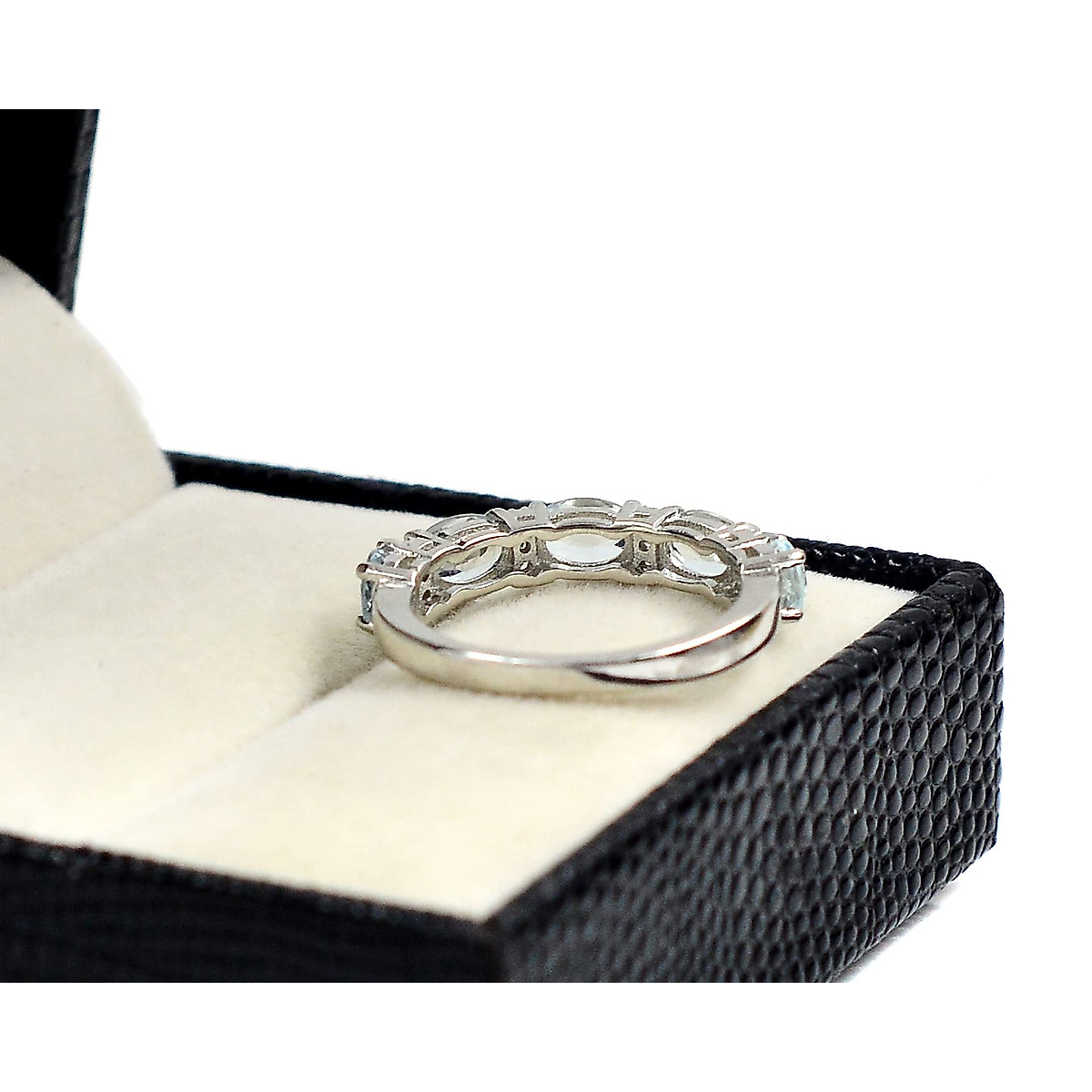 925 Sterling Silver Natural 6X4 MM Oval Cut Deep Aquamarine Gemstone March Birthstone Cluster Unisex Proposal Ring Wedding Jewelry Bridal Ring Birthday Gift Valentine's Day Gift For Her (Rhodium Plated Silver, 6.5)