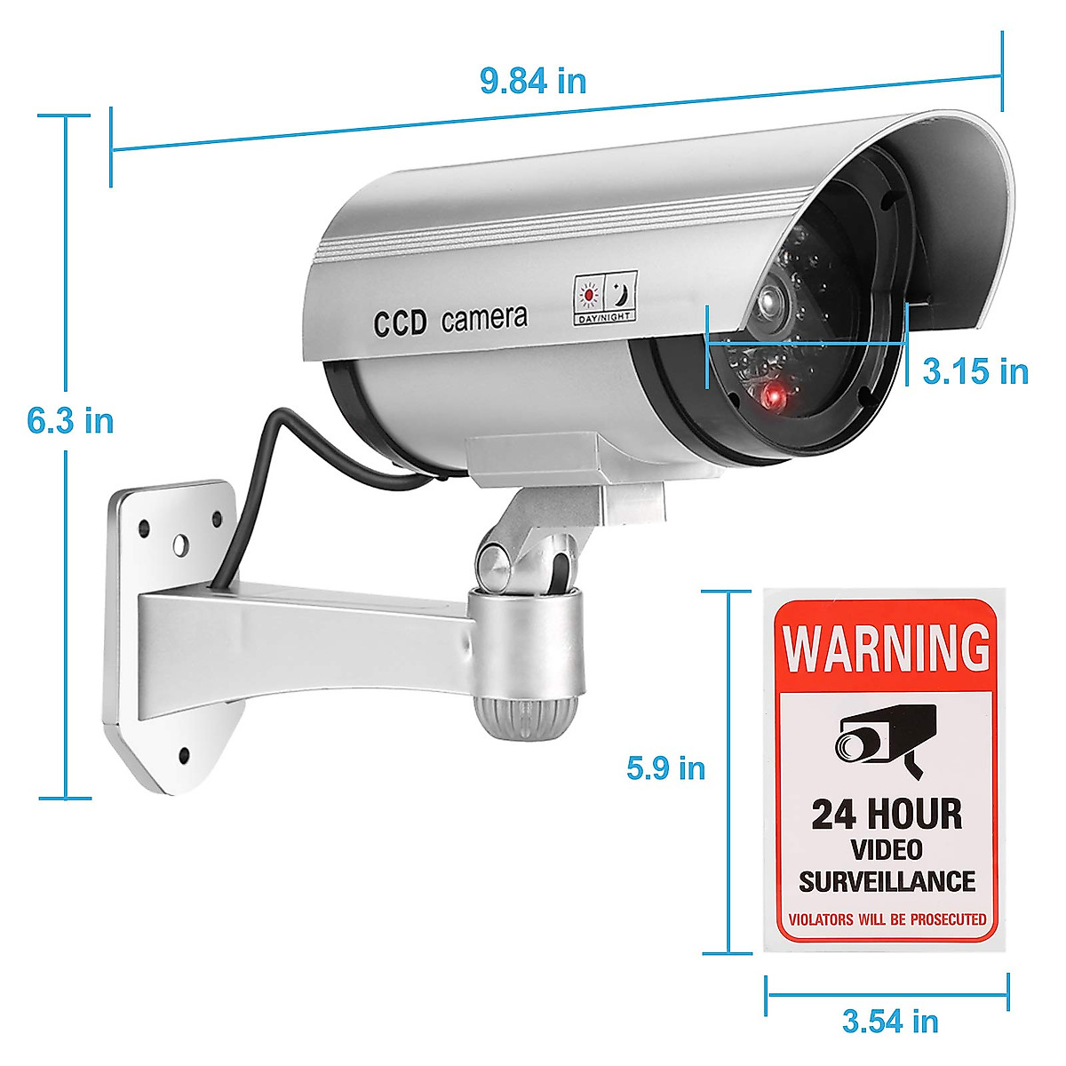 Fake Camera, FITNATE Dummy Camera CCTV Surveillance System with LED Red Flashing Light with 4 Safety Warning Stickers, Fake Security Camera for Outdoor & Indoor Use (4 Packs, Silver)