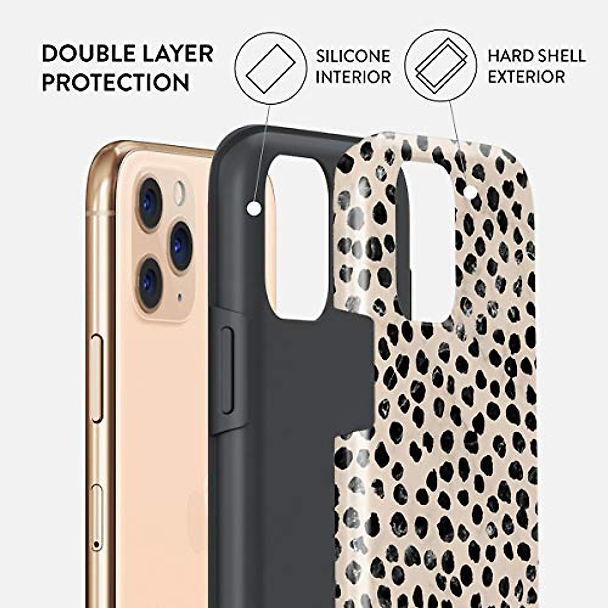 BURGA Phone Case Compatible with iPhone 11 PRO MAX - Hybrid 2-Layer Hard Shell + Silicone Protective Case -Black Polka Dots Pattern Nude Almond Latte - Scratch-Resistant Shockproof Cover