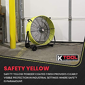 K Tool International 77740; 24 Inch Fan; Heavy Duty Commercial Fan, 2 Speed Motor, Ideal Air Circulator for Greenhouse, Garage, and Patio; Rubber Wheels for Easy Mobility, 6,940 Max CFM, Safety Yellow
