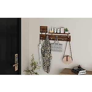 X-cosrack Coat Rack Wall Mount, Wooden Wall Mounted Storage Rack with Clock and 6 Hooks，Hanging Coat Rack with Shelf for Entryway, Bathroom, Living Room, Bedroom